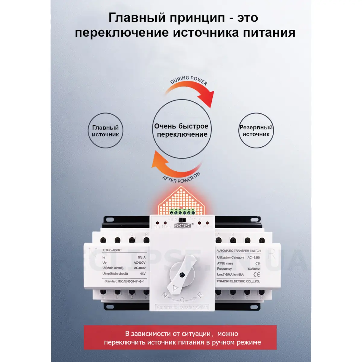 3-х фазный 4-х полюсный Автомат переключатель ввода резерва АВР 63А ...